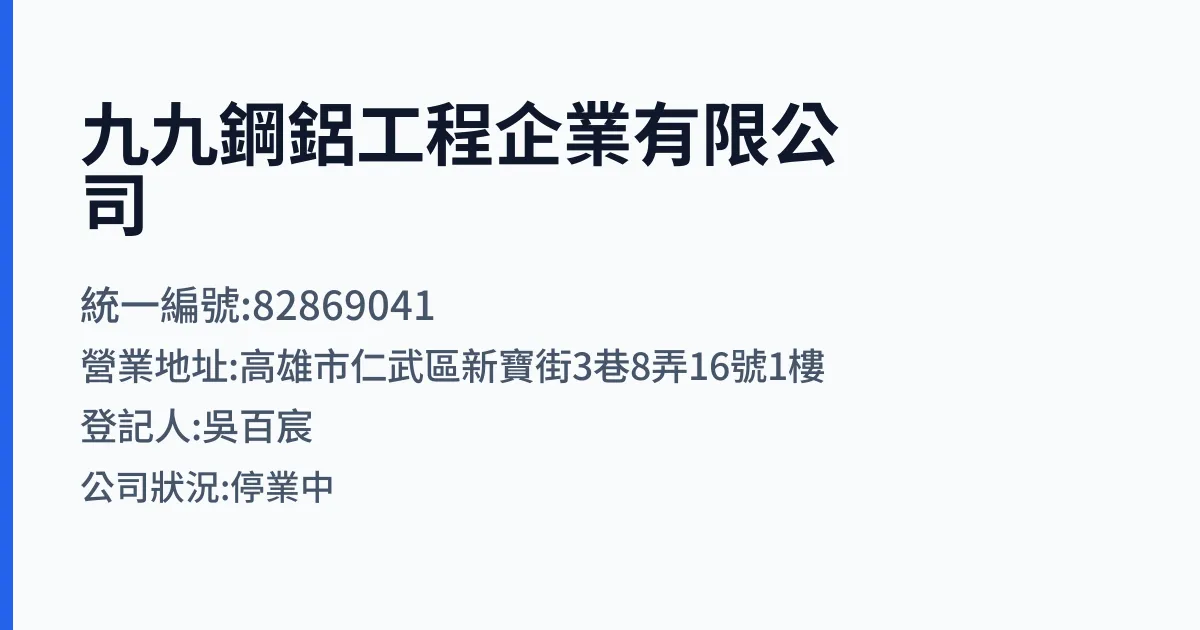 九九鋼鋁工程企業有限公司 - 統編 82869041(高雄市) 公司登記資料與營業項目詳細圖表