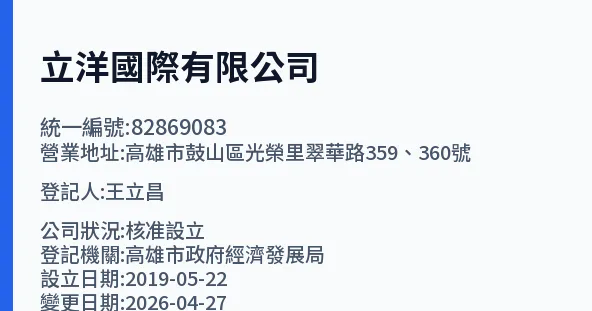 立洋國際有限公司的照片-統編 82869083(高雄市) 公司登記資料與營業項目詳細圖表