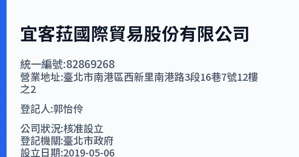 宜客菈國際貿易股份有限公司的照片-統編 82869268(臺北市) 公司登記資料與營業項目詳細圖表