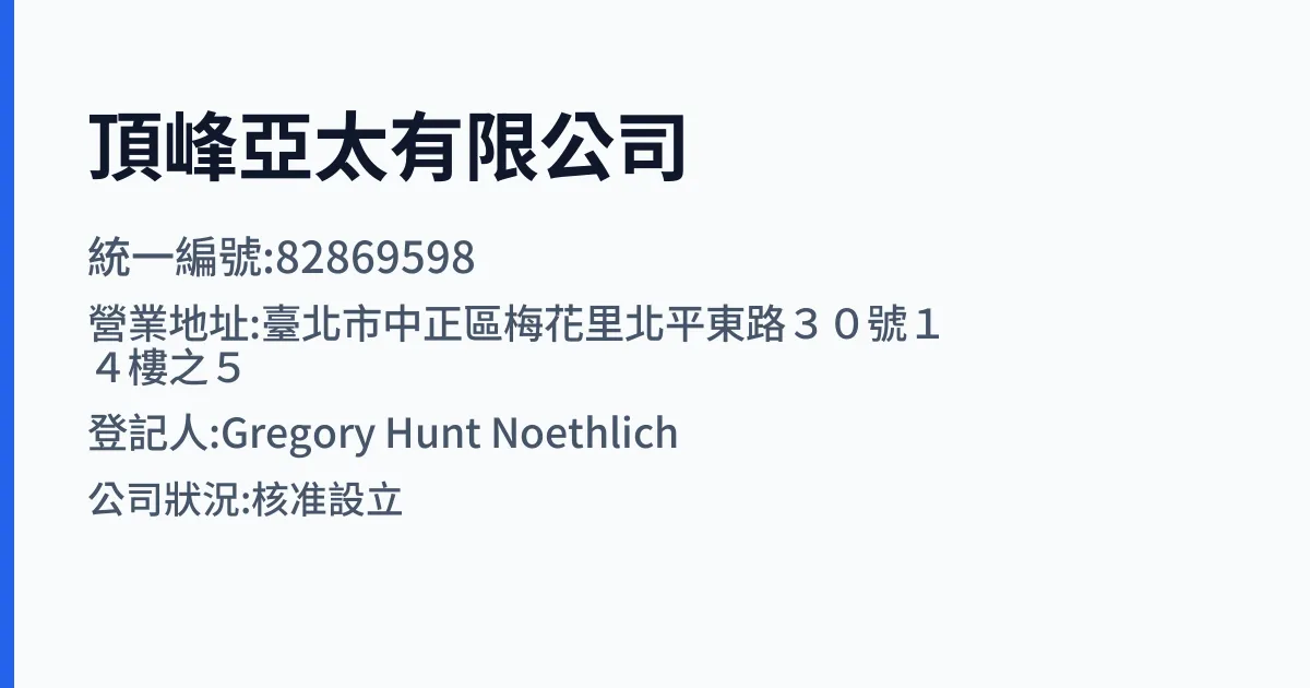 頂峰亞太有限公司 - 統編 82869598(臺北市) 公司登記資料與營業項目詳細圖表