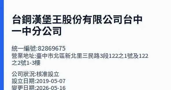台鋼漢堡王股份有限公司台中一中分公司的照片-統編 82869675(臺中市) 公司登記資料與營業項目詳細圖表