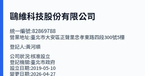 鷗維科技股份有限公司的照片-統編 82869788(臺北市) 公司登記資料與營業項目詳細圖表
