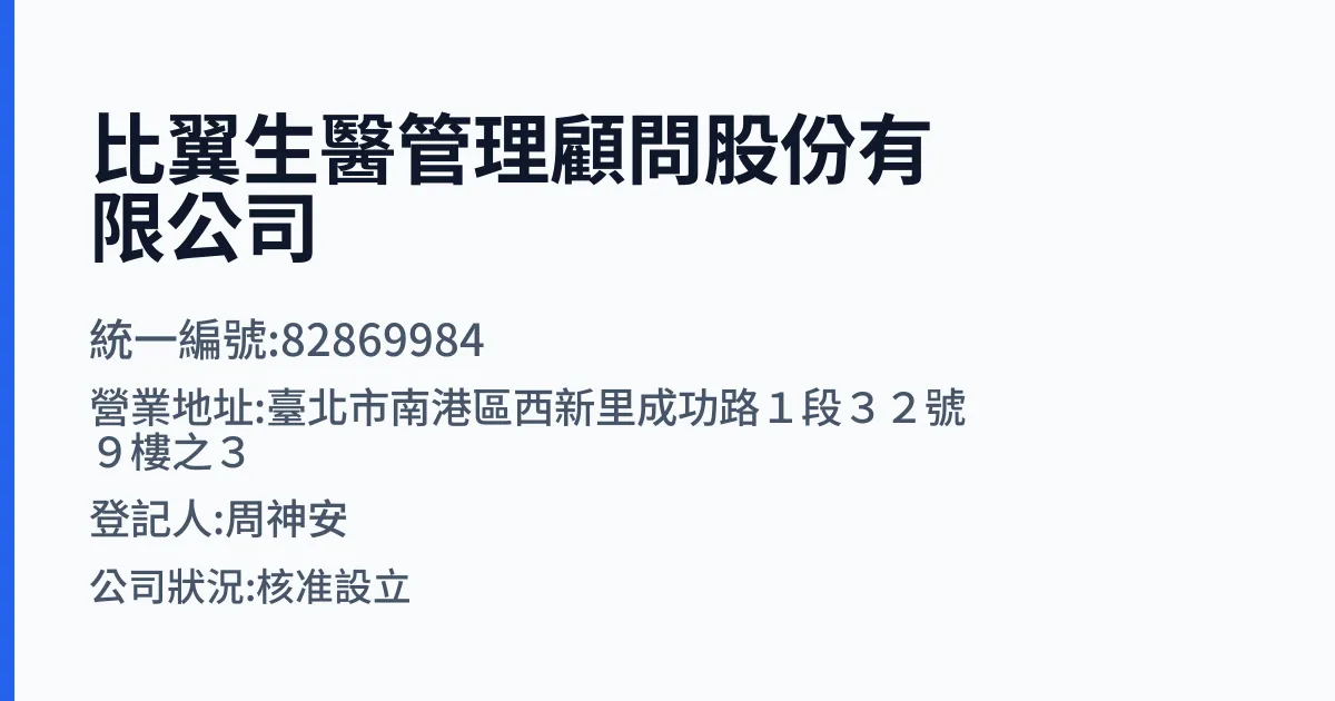 比翼生醫管理顧問股份有限公司 - 統編 82869984(臺北市) 公司登記資料與營業項目詳細圖表