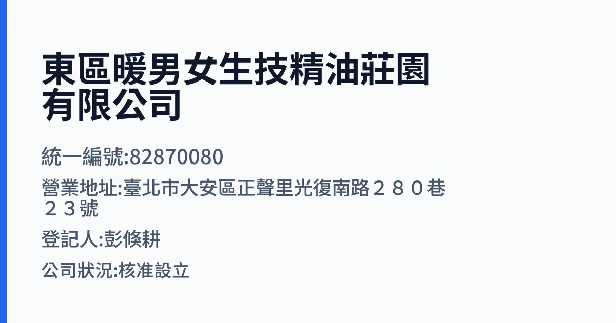 東區暖男女生技精油莊園有限公司 - 統編 82870080(臺北市) 公司登記資料與營業項目詳細圖表