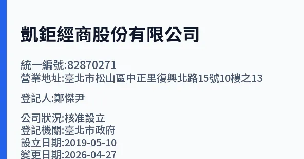凱鉅經商股份有限公司的照片-統編 82870271(臺北市) 公司登記資料與營業項目詳細圖表