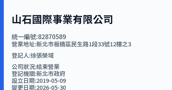 山石國際事業有限公司的照片-統編 82870589(新北市) 公司登記資料與營業項目詳細圖表