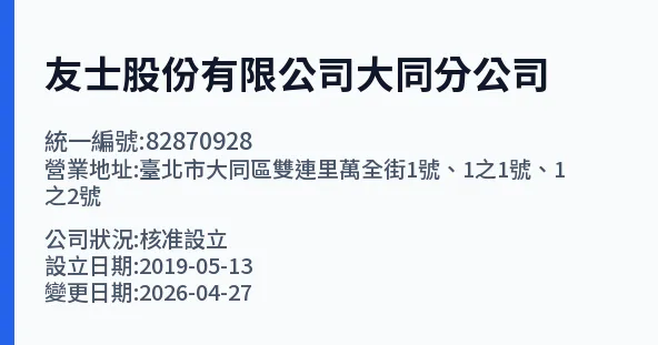 友士股份有限公司大同分公司的照片-統編 82870928(臺北市) 公司登記資料與營業項目詳細圖表