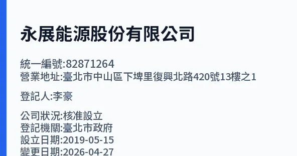 永展能源股份有限公司的照片-統編 82871264(臺北市) 公司登記資料與營業項目詳細圖表