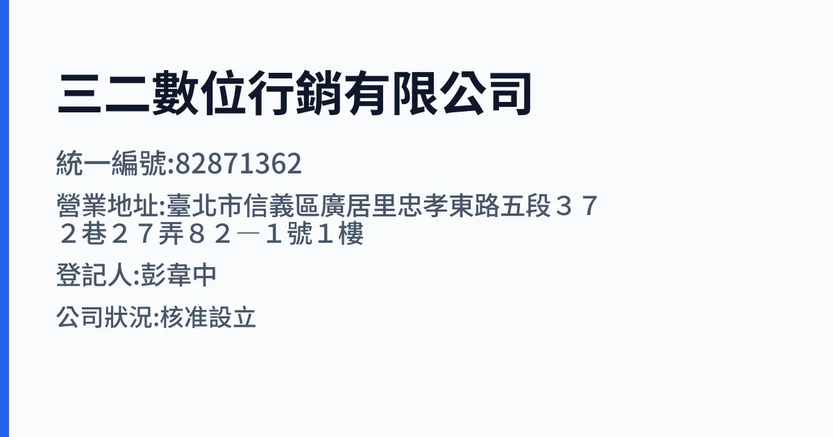 三二數位行銷有限公司 - 統編 82871362(臺北市) 公司登記資料與營業項目詳細圖表