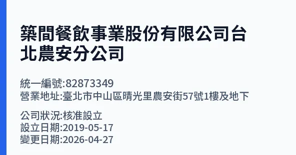 築間餐飲事業股份有限公司台北農安分公司的照片-統編 82873349(臺北市) 公司登記資料與營業項目詳細圖表