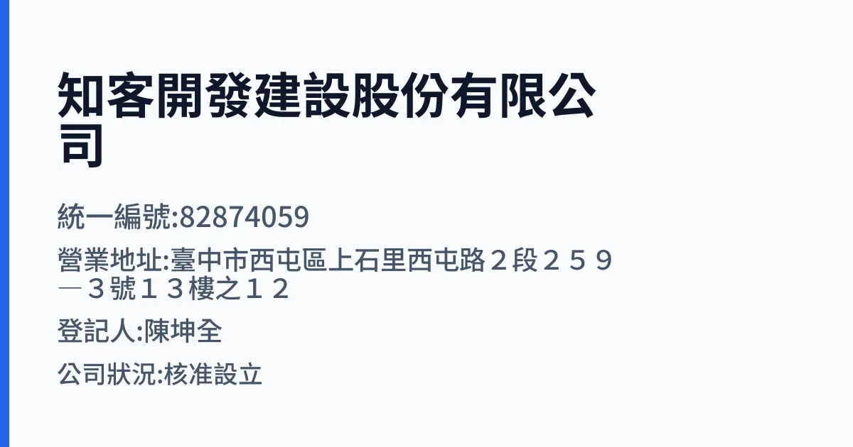 知客開發建設股份有限公司 - 統編 82874059(臺中市) 公司登記資料與營業項目詳細圖表