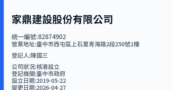 家鼎建設股份有限公司的照片-統編 82874902(臺中市) 公司登記資料與營業項目詳細圖表