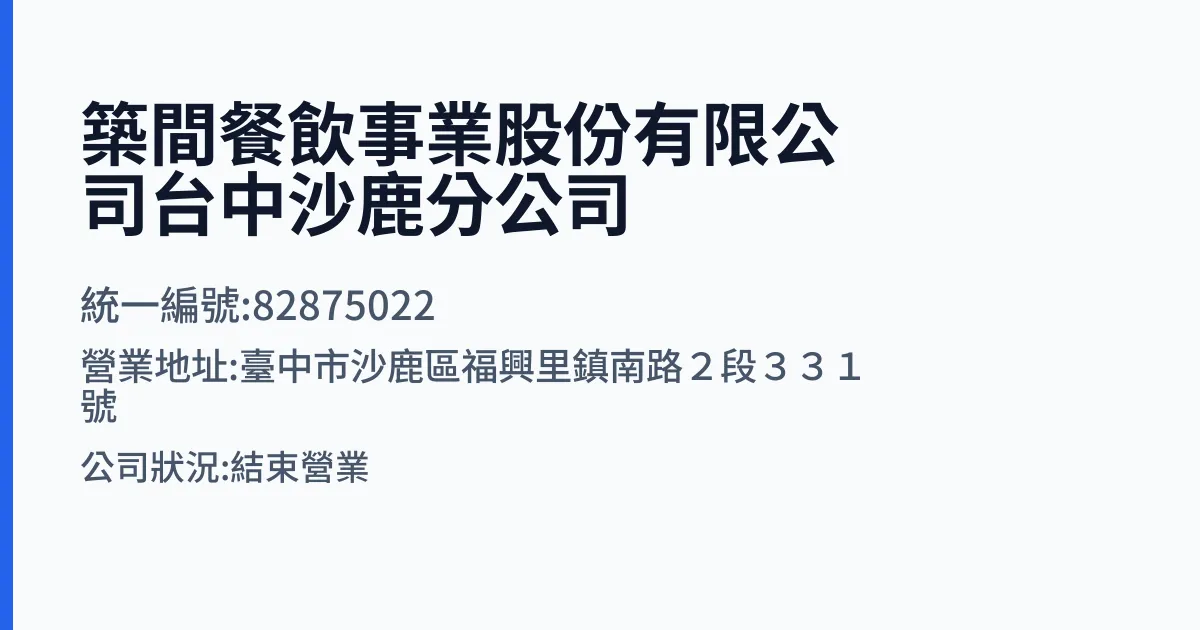 築間餐飲事業股份有限公司台中沙鹿分公司 - 統編 82875022(臺中市) 公司登記資料與營業項目詳細圖表