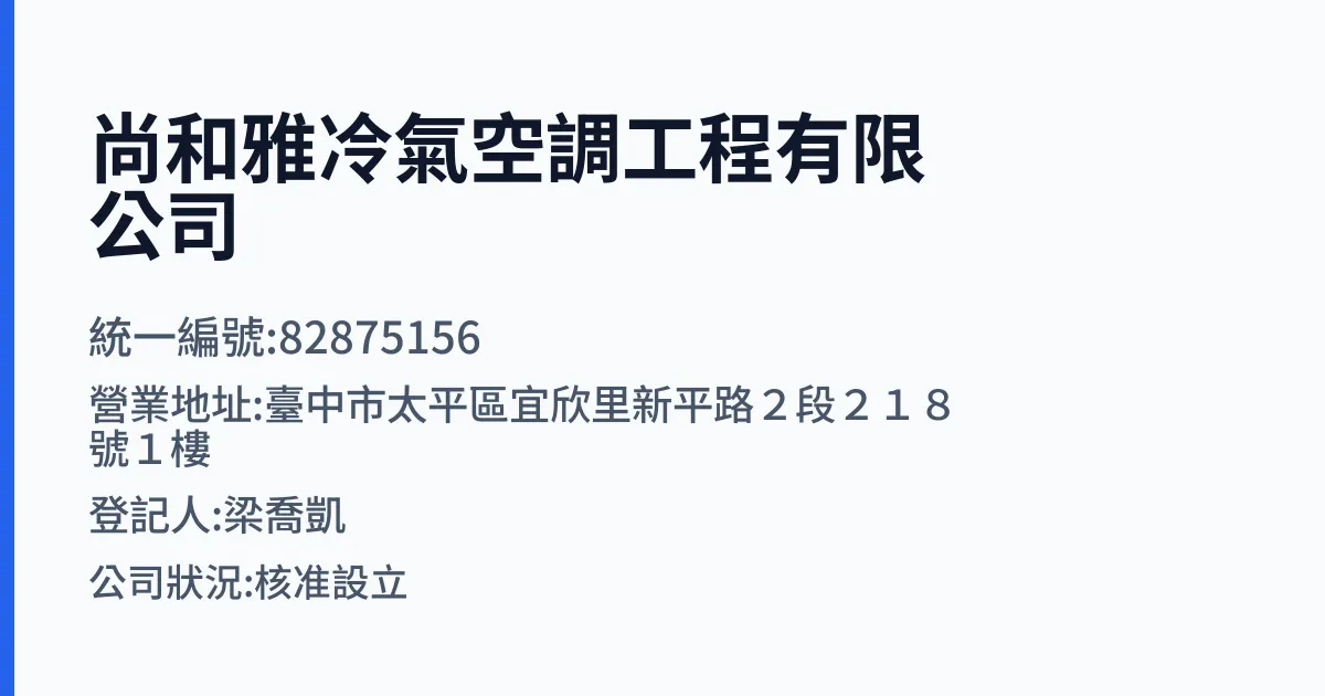 尚和雅冷氣空調工程有限公司 - 統編 82875156(臺中市) 公司登記資料與營業項目詳細圖表