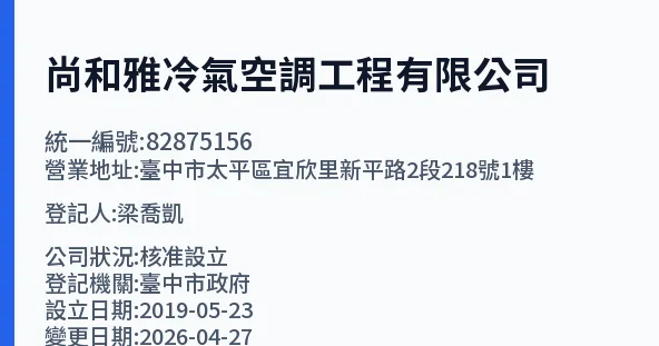 尚和雅冷氣空調工程有限公司的照片-統編 82875156(臺中市) 公司登記資料與營業項目詳細圖表