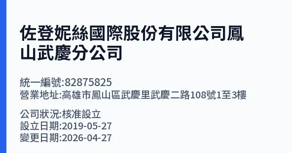 佐登妮絲國際股份有限公司鳳山武慶分公司的照片-統編 82875825(高雄市) 公司登記資料與營業項目詳細圖表