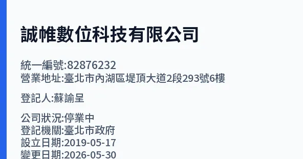 誠帷數位科技有限公司的照片-統編 82876232(臺北市) 公司登記資料與營業項目詳細圖表