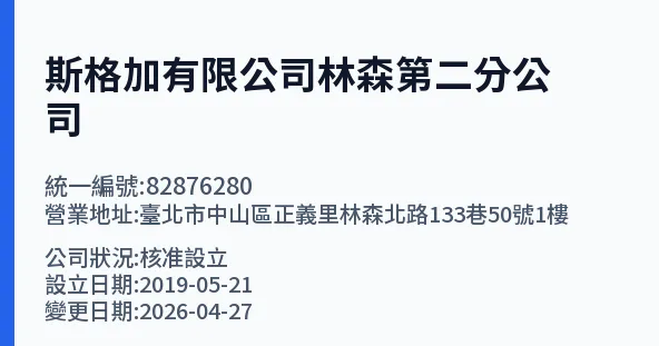 斯格加有限公司林森第二分公司的照片-統編 82876280(臺北市) 公司登記資料與營業項目詳細圖表