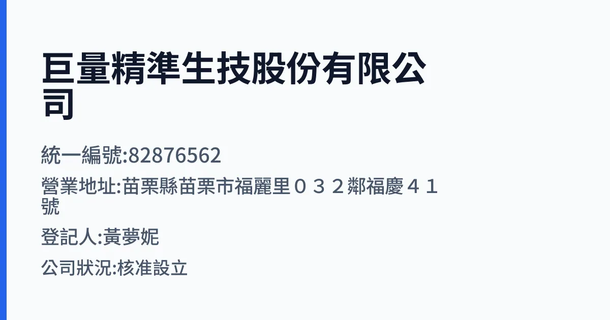 巨量精準生技股份有限公司 - 統編 82876562(苗栗縣) 公司登記資料與營業項目詳細圖表
