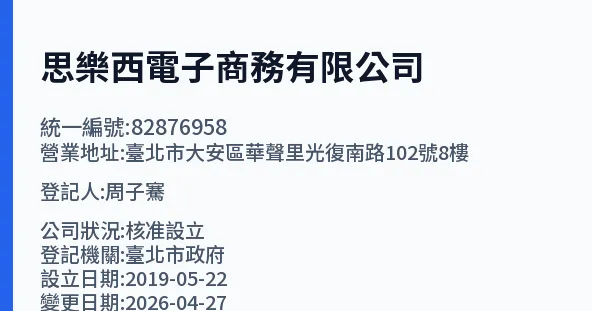 思樂西電子商務有限公司的照片-統編 82876958(臺北市) 公司登記資料與營業項目詳細圖表