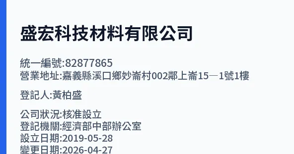 盛宏科技材料有限公司的照片-統編 82877865(嘉義縣) 公司登記資料與營業項目詳細圖表