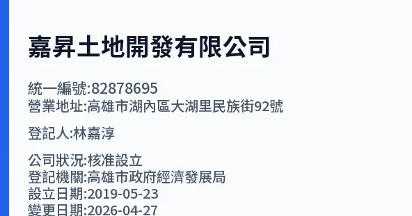 嘉昇土地開發有限公司的照片-統編 82878695(高雄市) 公司登記資料與營業項目詳細圖表