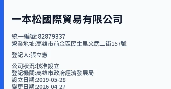 一本松國際貿易有限公司的照片-統編 82879337(高雄市) 公司登記資料與營業項目詳細圖表