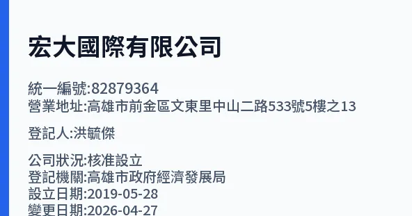 宏大國際有限公司的照片-統編 82879364(高雄市) 公司登記資料與營業項目詳細圖表