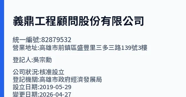 義鼎工程顧問股份有限公司的照片-統編 82879532(高雄市) 公司登記資料與營業項目詳細圖表