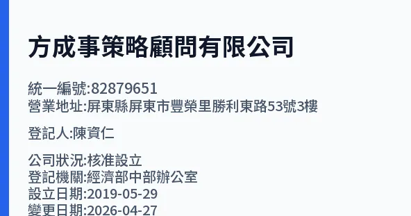 方成事策略顧問有限公司的照片-統編 82879651(屏東縣) 公司登記資料與營業項目詳細圖表