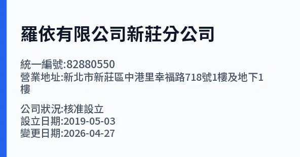 羅依有限公司新莊分公司的照片-統編 82880550(新北市) 公司登記資料與營業項目詳細圖表