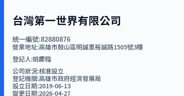 台灣第一世界有限公司的照片-統編 82880876(高雄市) 公司登記資料與營業項目詳細圖表
