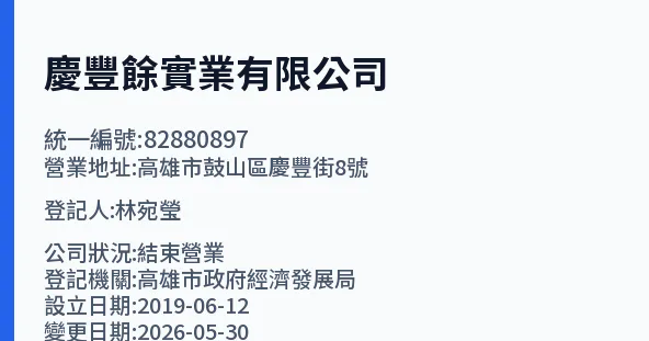 慶豐餘實業有限公司的照片-統編 82880897(高雄市) 公司登記資料與營業項目詳細圖表
