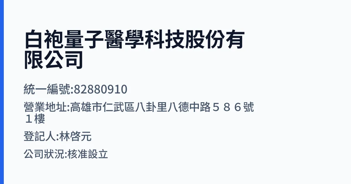 白袍量子醫學科技股份有限公司 - 統編 82880910(高雄市) 公司登記資料與營業項目詳細圖表