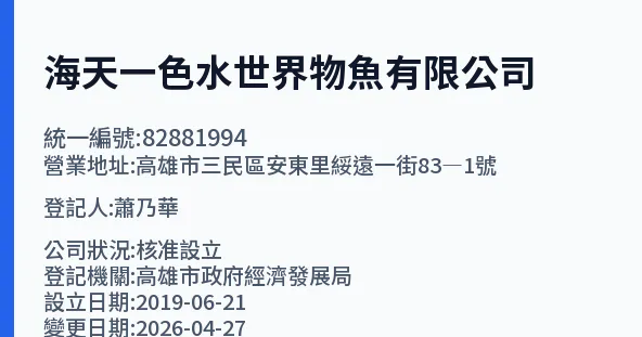 海天一色水世界物魚有限公司的照片-統編 82881994(高雄市) 公司登記資料與營業項目詳細圖表