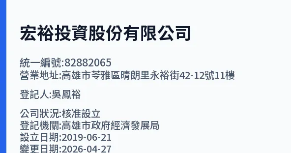 宏裕投資股份有限公司的照片-統編 82882065(高雄市) 公司登記資料與營業項目詳細圖表