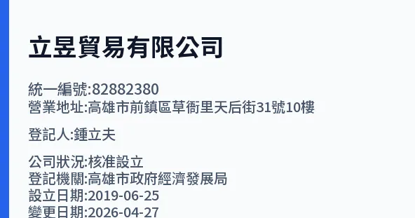 立昱貿易有限公司的照片-統編 82882380(高雄市) 公司登記資料與營業項目詳細圖表