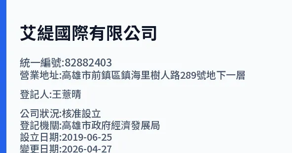 艾緹國際有限公司的照片-統編 82882403(高雄市) 公司登記資料與營業項目詳細圖表