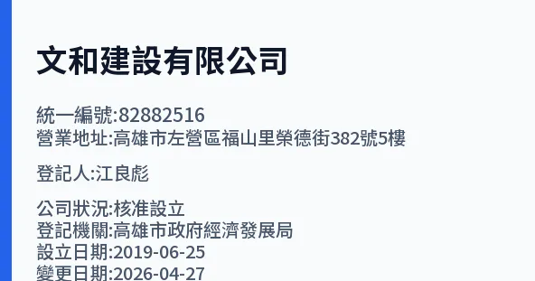 文和建設有限公司的照片-統編 82882516(高雄市) 公司登記資料與營業項目詳細圖表
