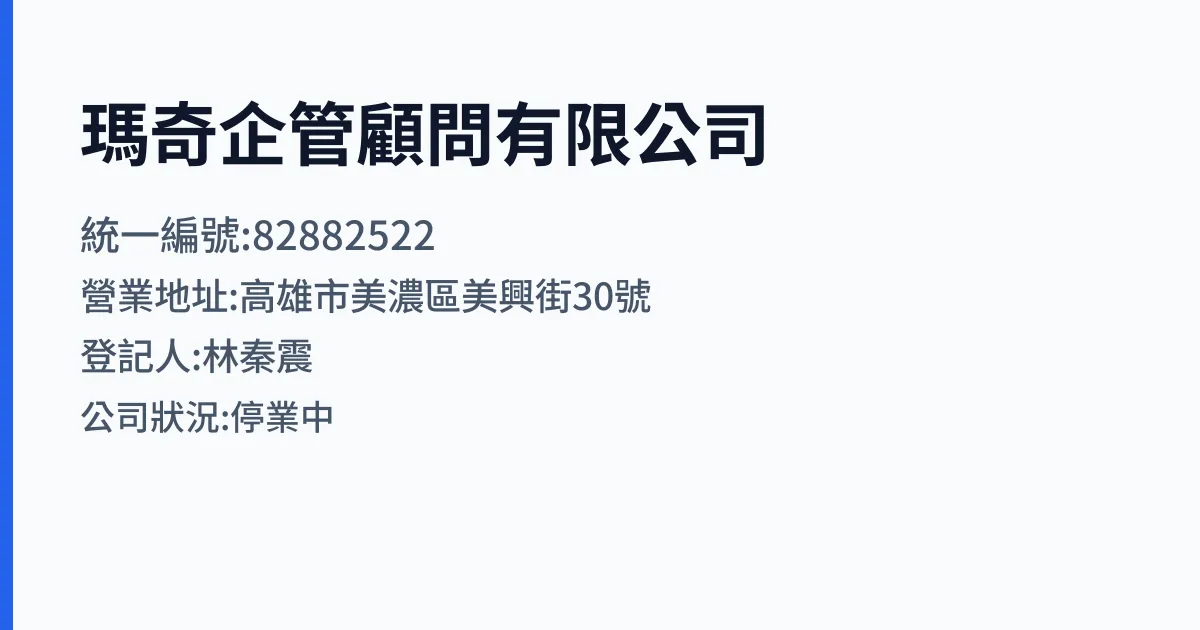 瑪奇企管顧問有限公司 - 統編 82882522(高雄市) 公司登記資料與營業項目詳細圖表
