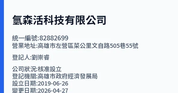 氫森活科技有限公司的照片-統編 82882699(高雄市) 公司登記資料與營業項目詳細圖表