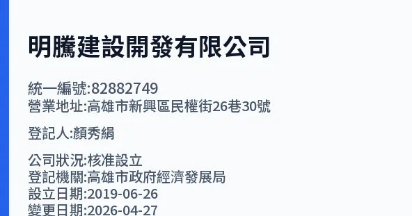 明騰建設開發有限公司的照片-統編 82882749(高雄市) 公司登記資料與營業項目詳細圖表