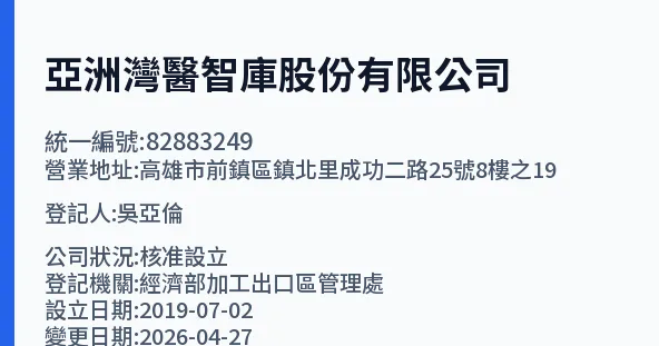 亞洲灣醫智庫股份有限公司的照片-統編 82883249(高雄市) 公司登記資料與營業項目詳細圖表