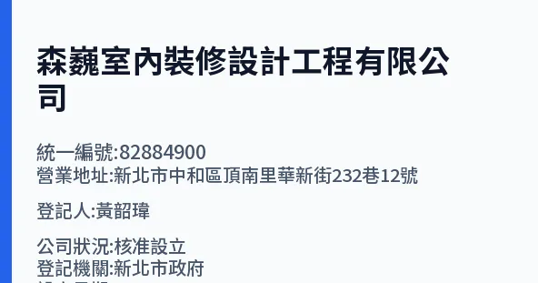 森巍室內裝修設計工程有限公司的照片-統編 82884900(新北市) 公司登記資料與營業項目詳細圖表