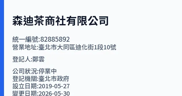 森迪茶商社有限公司的照片-統編 82885892(臺北市) 公司登記資料與營業項目詳細圖表