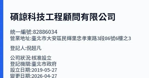 碩諒科技工程顧問有限公司的照片-統編 82886034(臺北市) 公司登記資料與營業項目詳細圖表