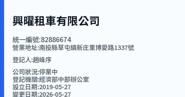 興曜租車有限公司的照片-統編 82886674(南投縣) 公司登記資料與營業項目詳細圖表