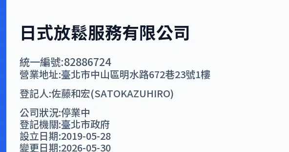 日式放鬆服務有限公司的照片-統編 82886724(臺北市) 公司登記資料與營業項目詳細圖表