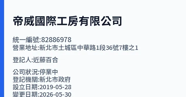 帝威國際工房有限公司的照片-統編 82886978(新北市) 公司登記資料與營業項目詳細圖表