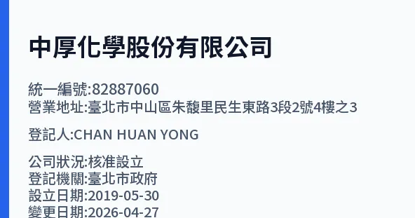 中厚化學股份有限公司的照片-統編 82887060(臺北市) 公司登記資料與營業項目詳細圖表